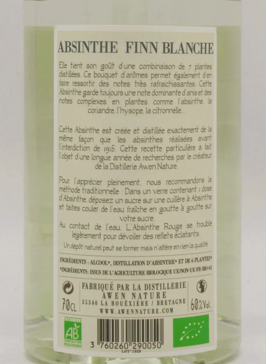 Absinthe Bio Finn Blanche Awen Nature 60° - La Cave Saint-Vincent